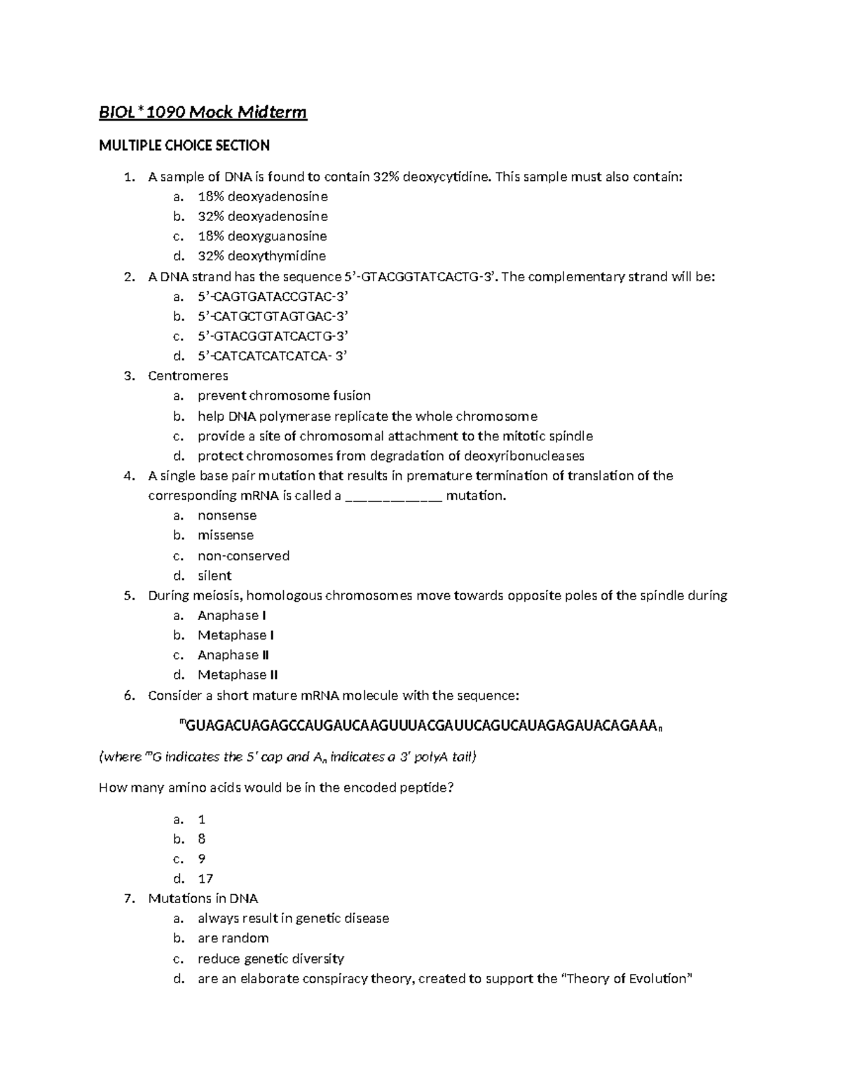 BIOL 1090 Midterm Questions - BIOL*1090 Mock Midterm MULTIPLE CHOICE ...