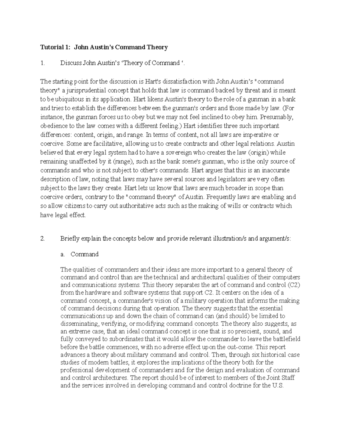 249344 T1b. 23038 Tutorial 1 John Austin Command Theory - Jurisprudence ...