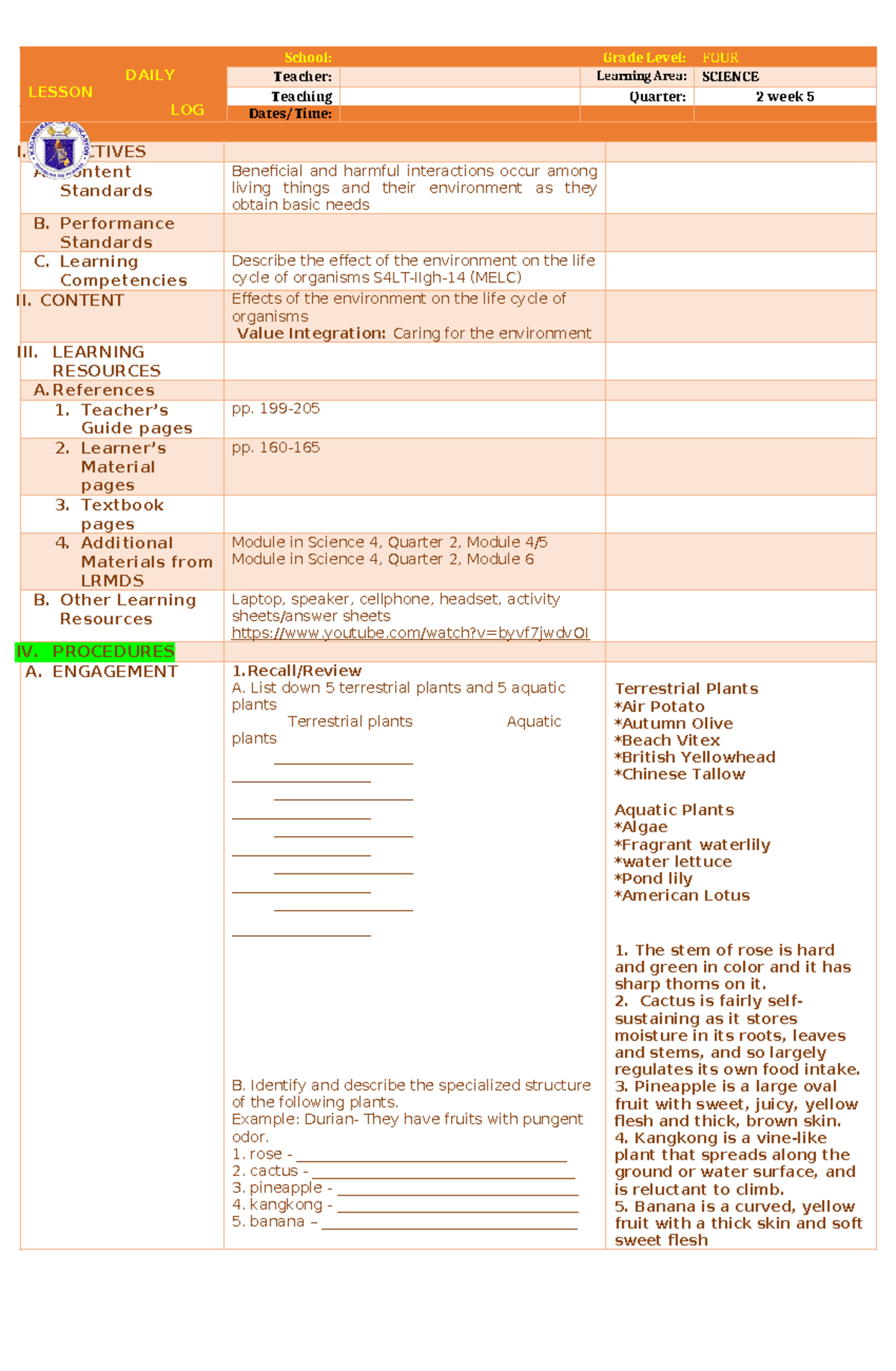 Science 4 -COT 1- Final - I. OBJECTIVES A. Content Standards Beneficial ...