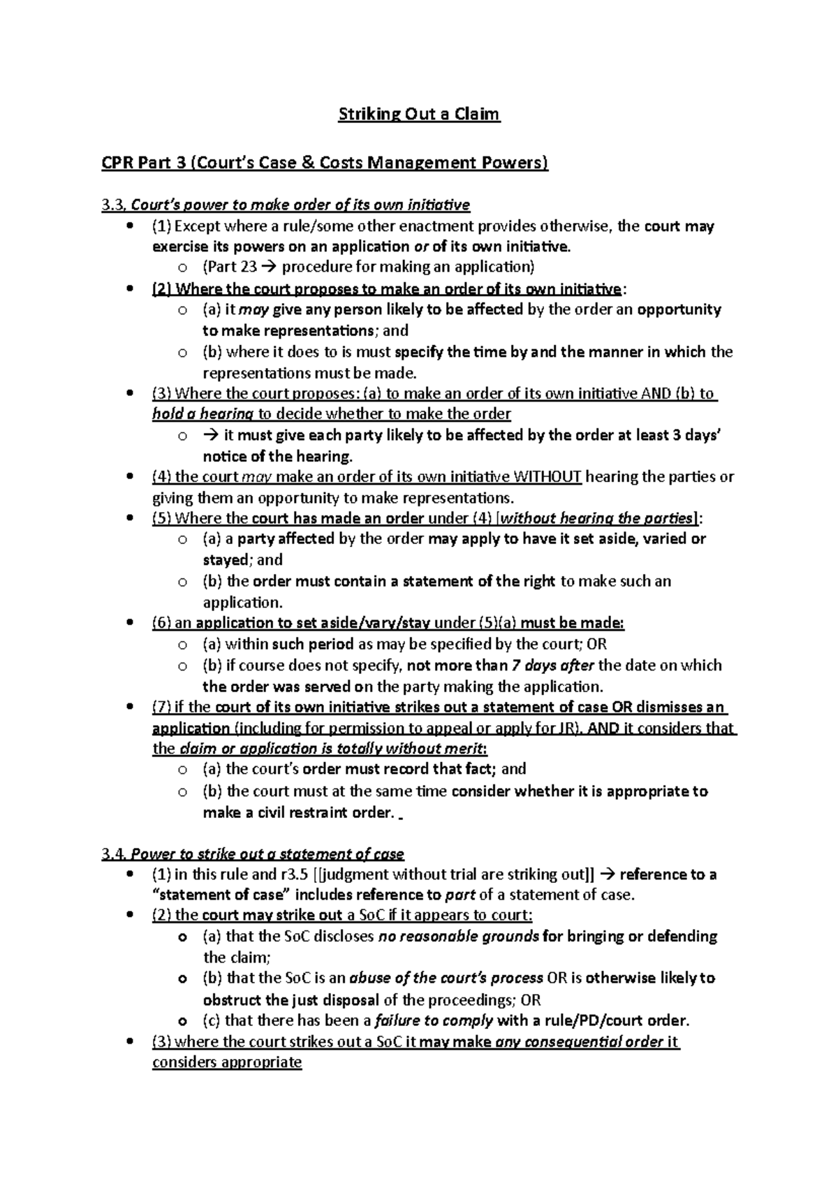 Striking out - civil - Striking Out a Claim CPR Part 3 (Court’s Case ...