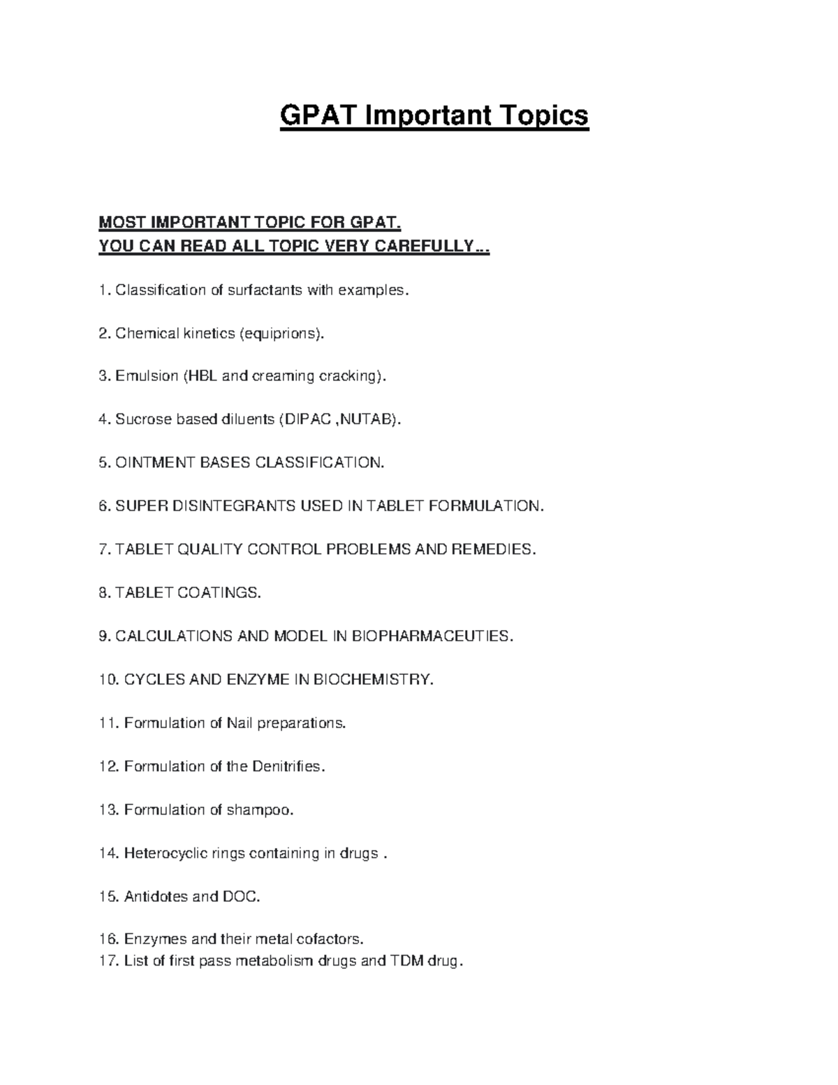 GPAT Important Topics - GPAT Important Topics MOST IMPORTANT TOPIC FOR ...