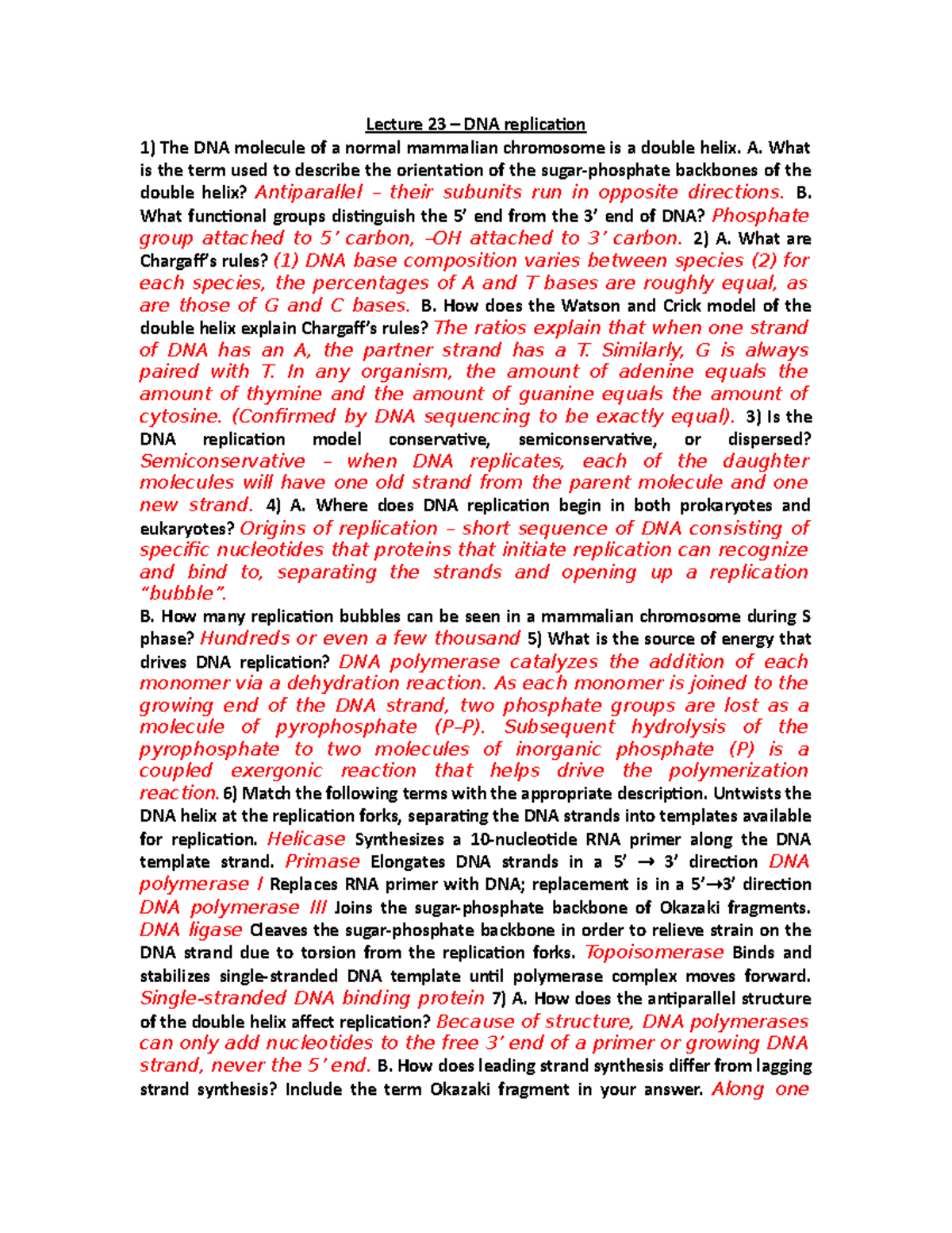 DNA Replication - Study guide - Lecture 23 – DNA replication 1) The DNA ...