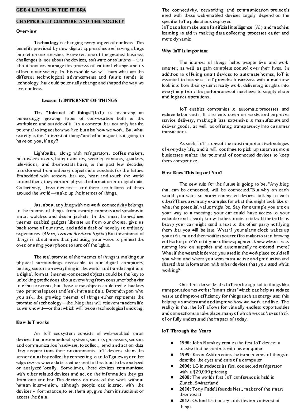 GEE 4 Chapter 6 TO 9 Reviewer - GEE 4 LIVING IN THE IT ERA CHAPTER 6: IT CULTURE AND THE SOCIETY ...