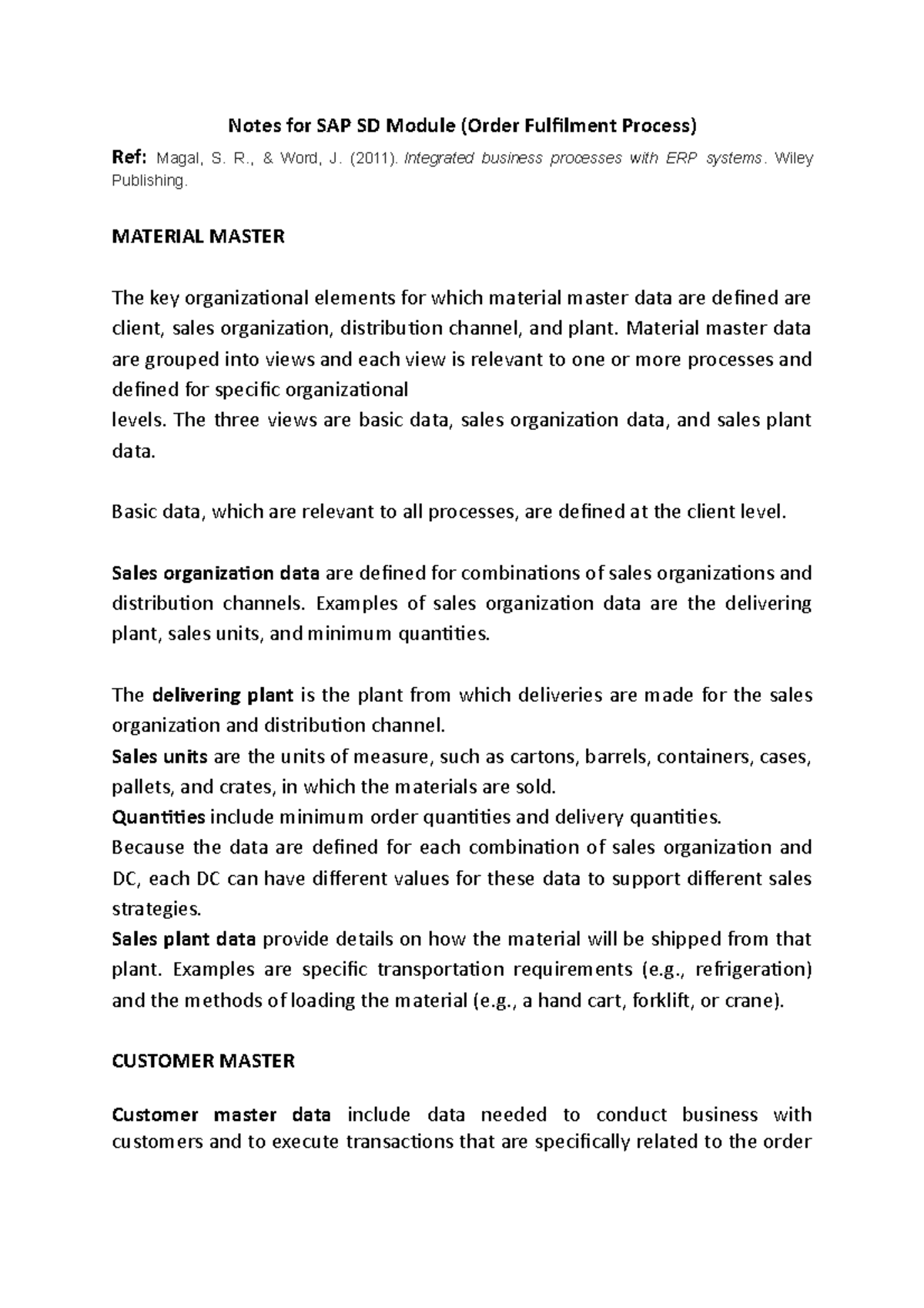 SD notes - practice - Notes for SAP SD Module (Order Fulfilment Process ...