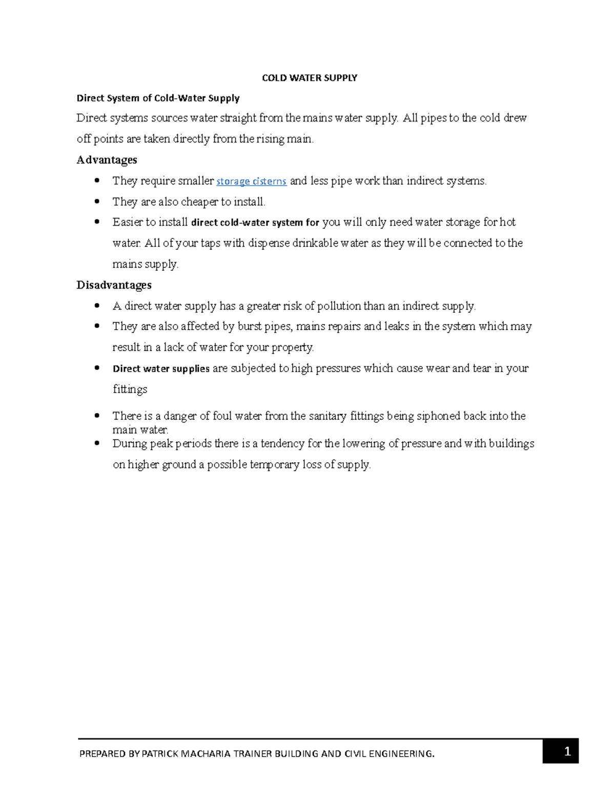 COLD AND HOT Water Supply - COLD WATER SUPPLY Direct System of Cold ...