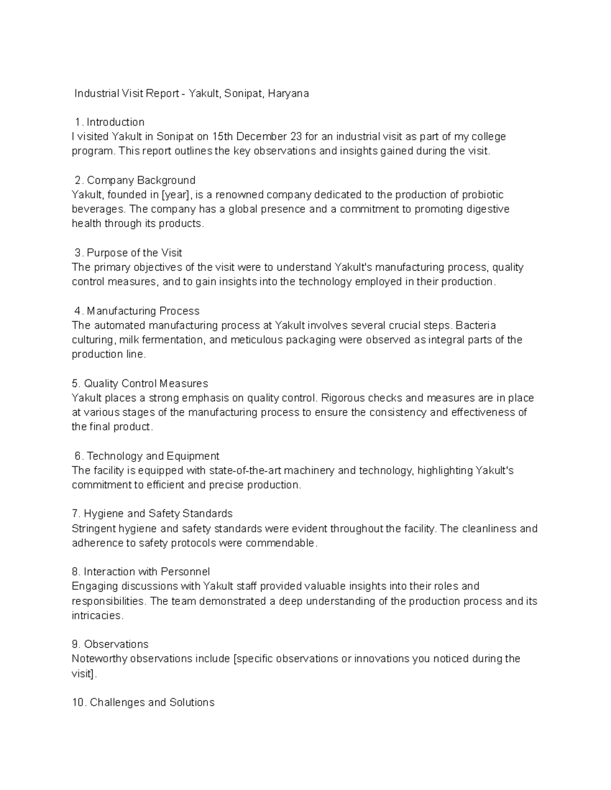 Industrial visit - Test - Industrial Visit Report - Yakult, Sonipat ...