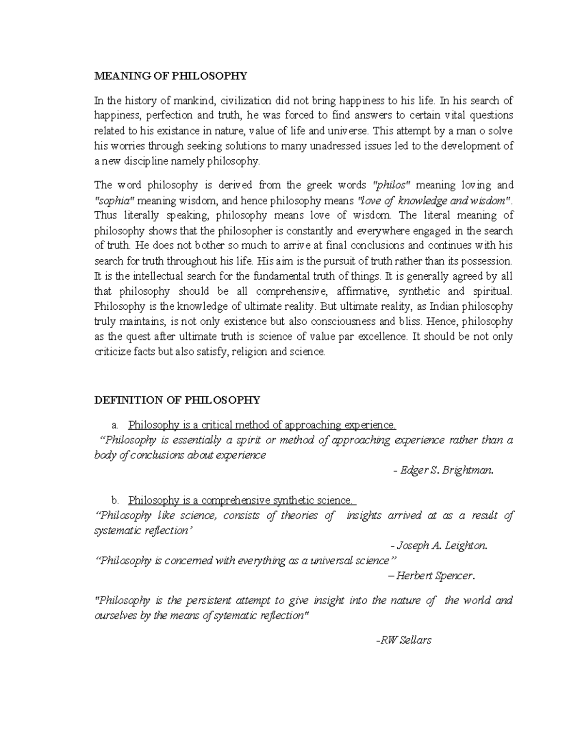 Philosophy - reference note - MEANING OF PHILOSOPHY In the history of ...