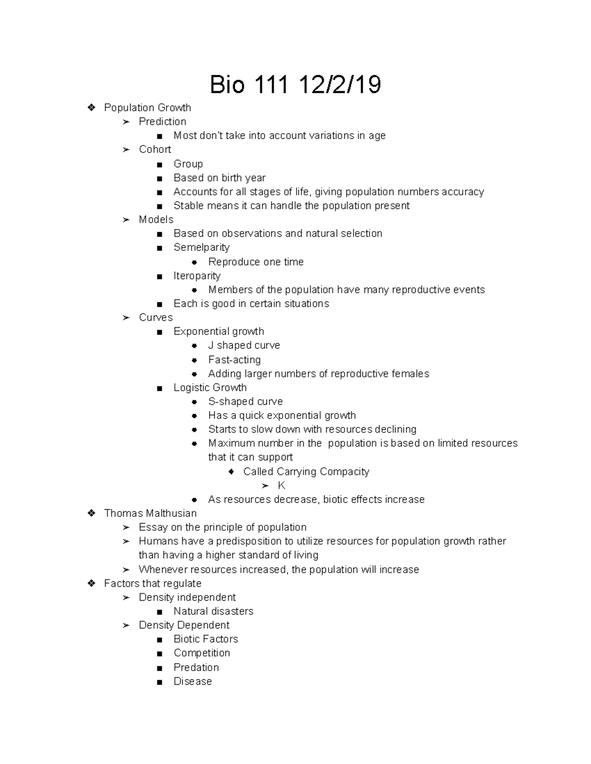Bio 111 12 2 19 - Notes from Dr. Watkins Bio 111 class. - Bio 111 12/2 ...