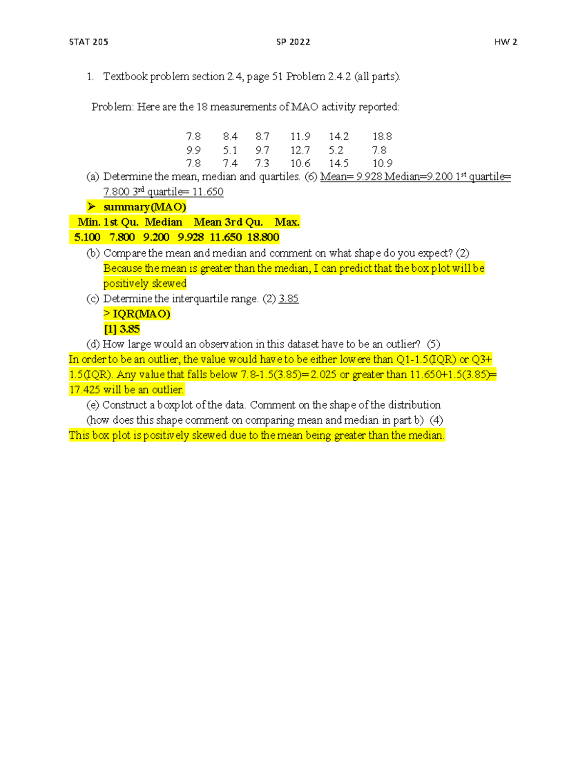 STAT 205 Homeowrk 2 SP 2022 - STAT 205 SP 2022 HW 2 1. Textbook problem ...