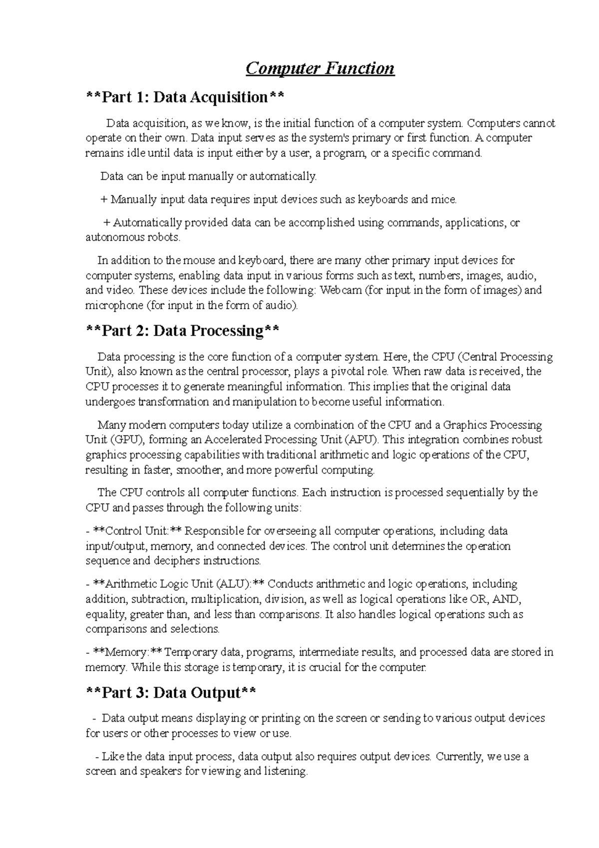 Computer Function bản tiếng anh - Computer Function Part 1: Data ...