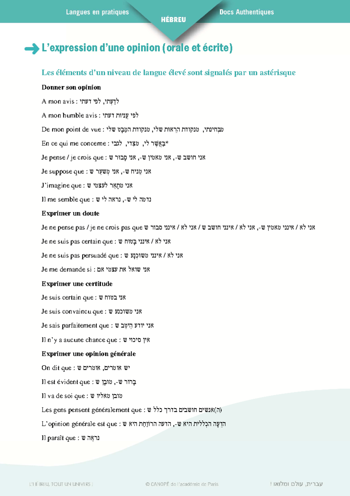 Expression opinion - Fiche de cours en hébreu LV2 - L’expression d’une ...