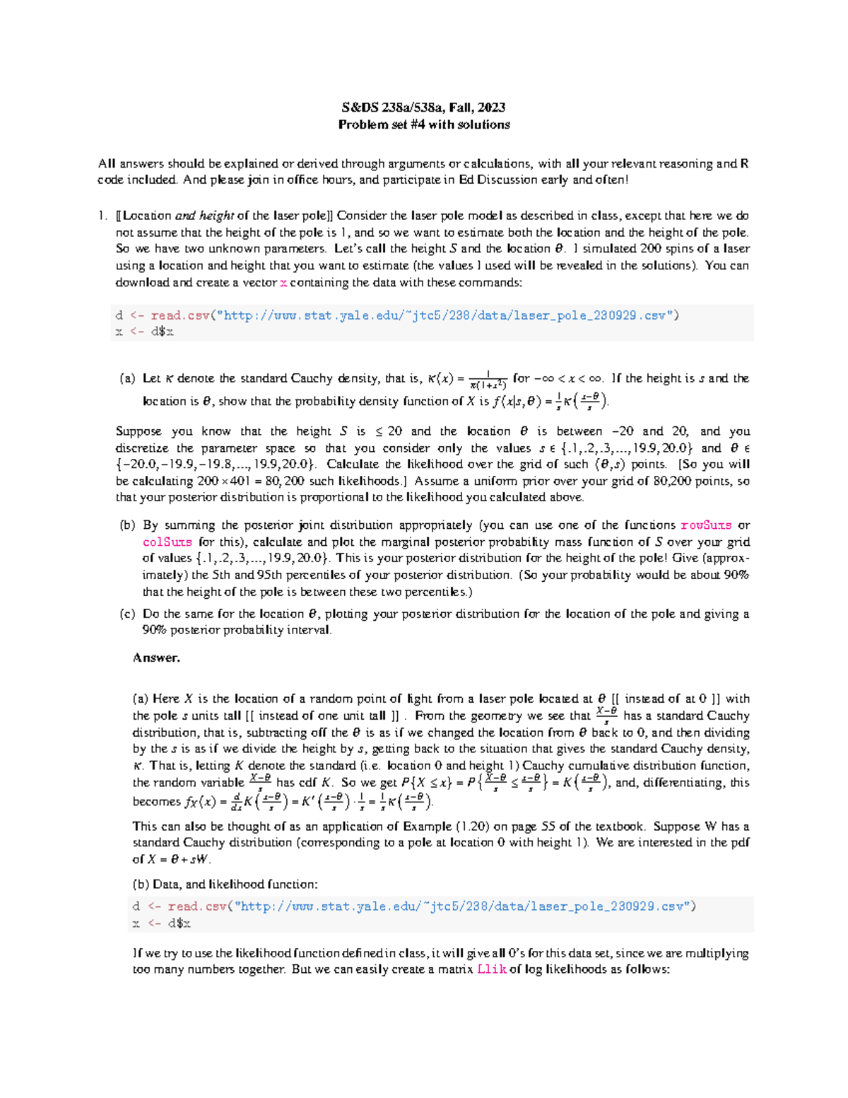Pset #4 Solutions - Pset #4 - S&DS 238a/538a, Fall, 2023 Problem set #4 with solutions All - Studocu