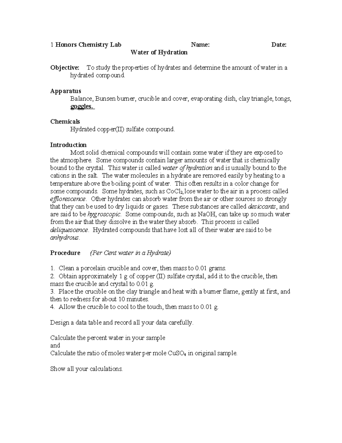 Water of Hydration Lab Cu SO4 students - 1 Honors Chemistry Lab Name ...