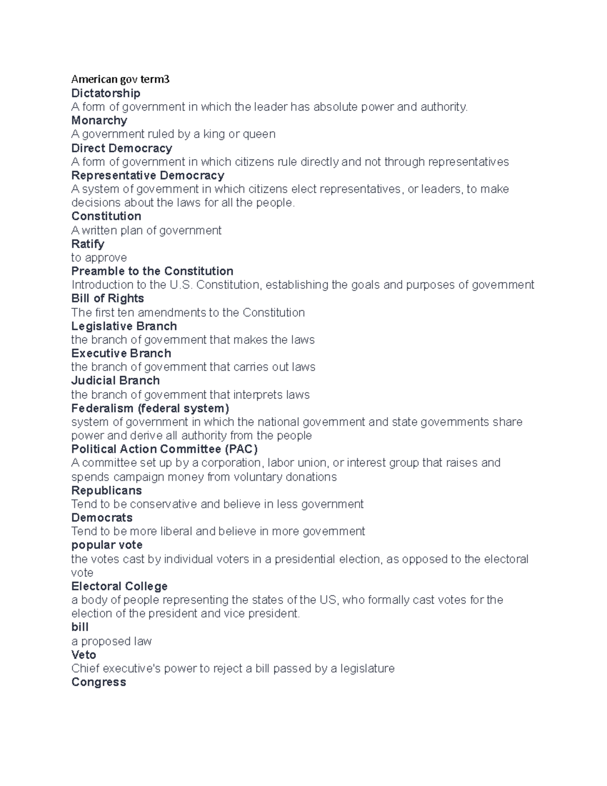 American gov term2 - American gov term Dictatorship A form of ...