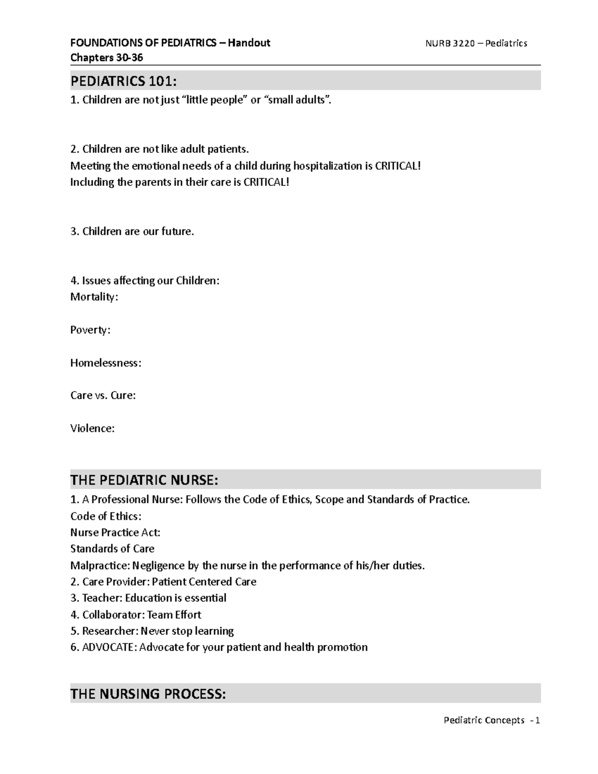 EXAM 1 - Foundations of Pediatrics 30-36 - Student Handout Updated ...
