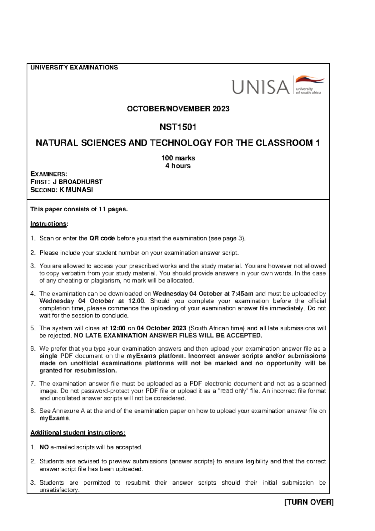 Natural science and technology notes - UNIVERSITY EXAMINATIONS OCTOBER ...