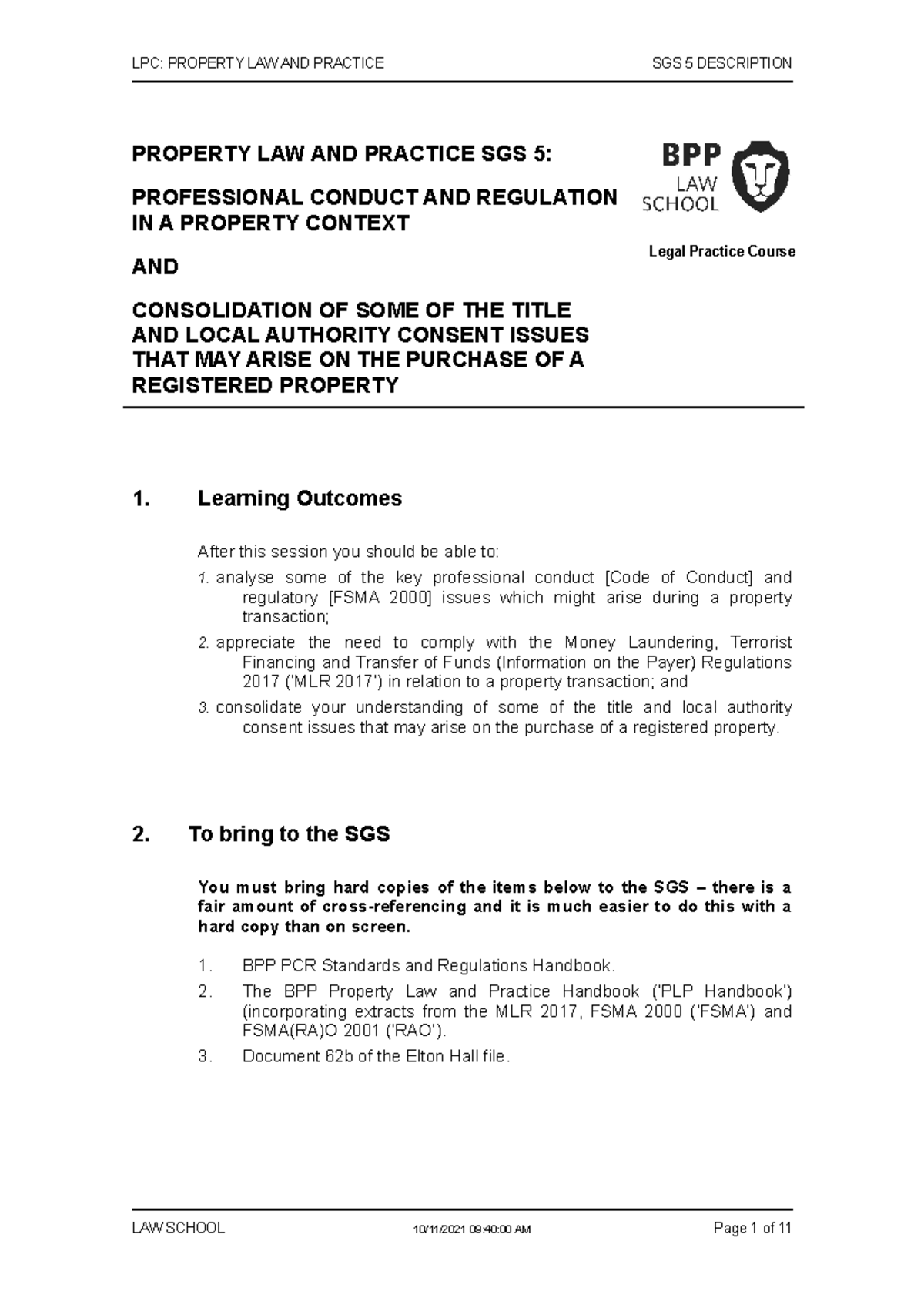 Updated Property SGS 5 Description 21-22 - LPC: PROPERTY LAW AND ...