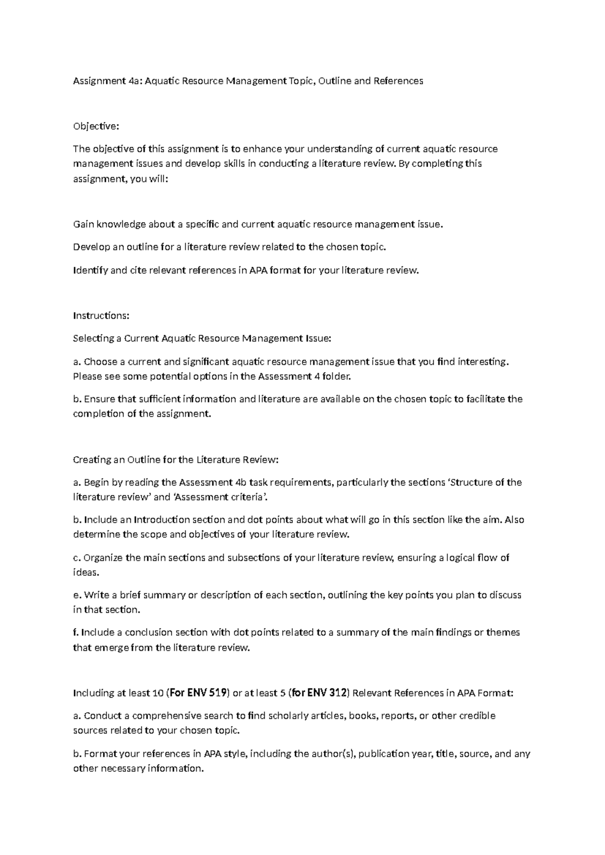 Assessment 4a guidelines - Assignment 4a: Aquatic Resource Management ...