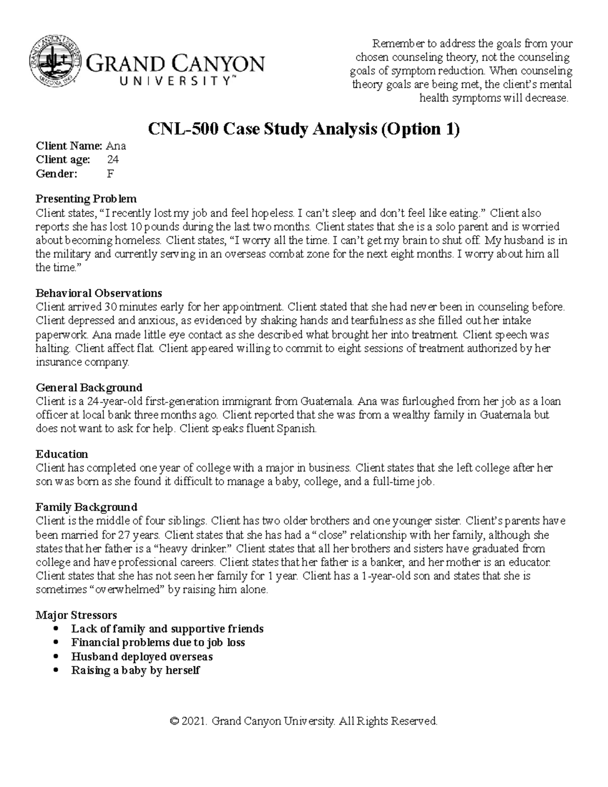 CNL-500-RS-Case Study Analysis - chosen counseling theory, not the ...