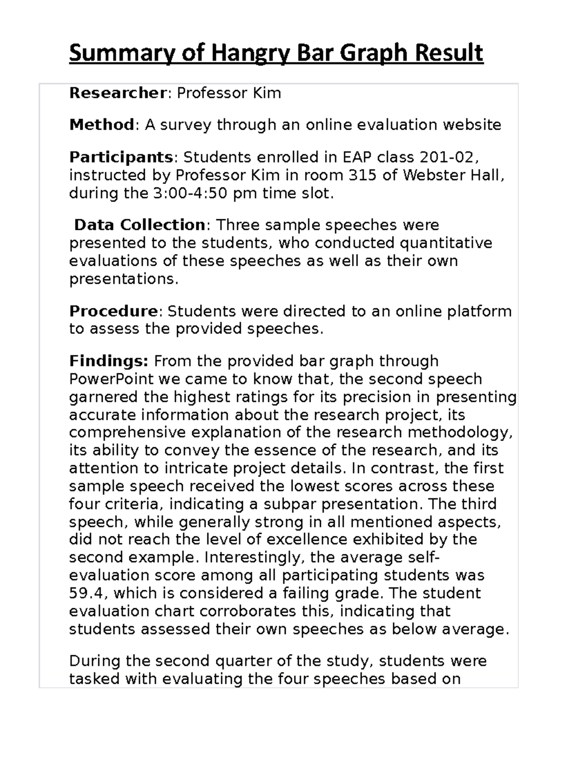 Hangry Chart evaluation Summary - Summary of Hangry Bar Graph Result ...