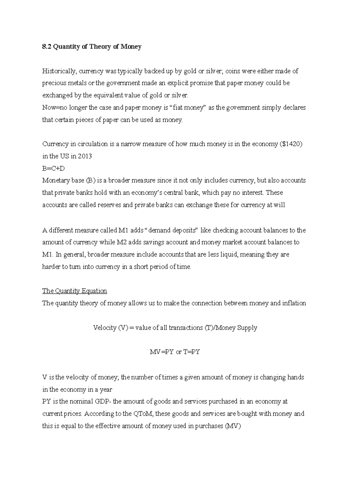 The Quantity Theory of money 8.2 notes - 8 Quantity of Theory of Money ...