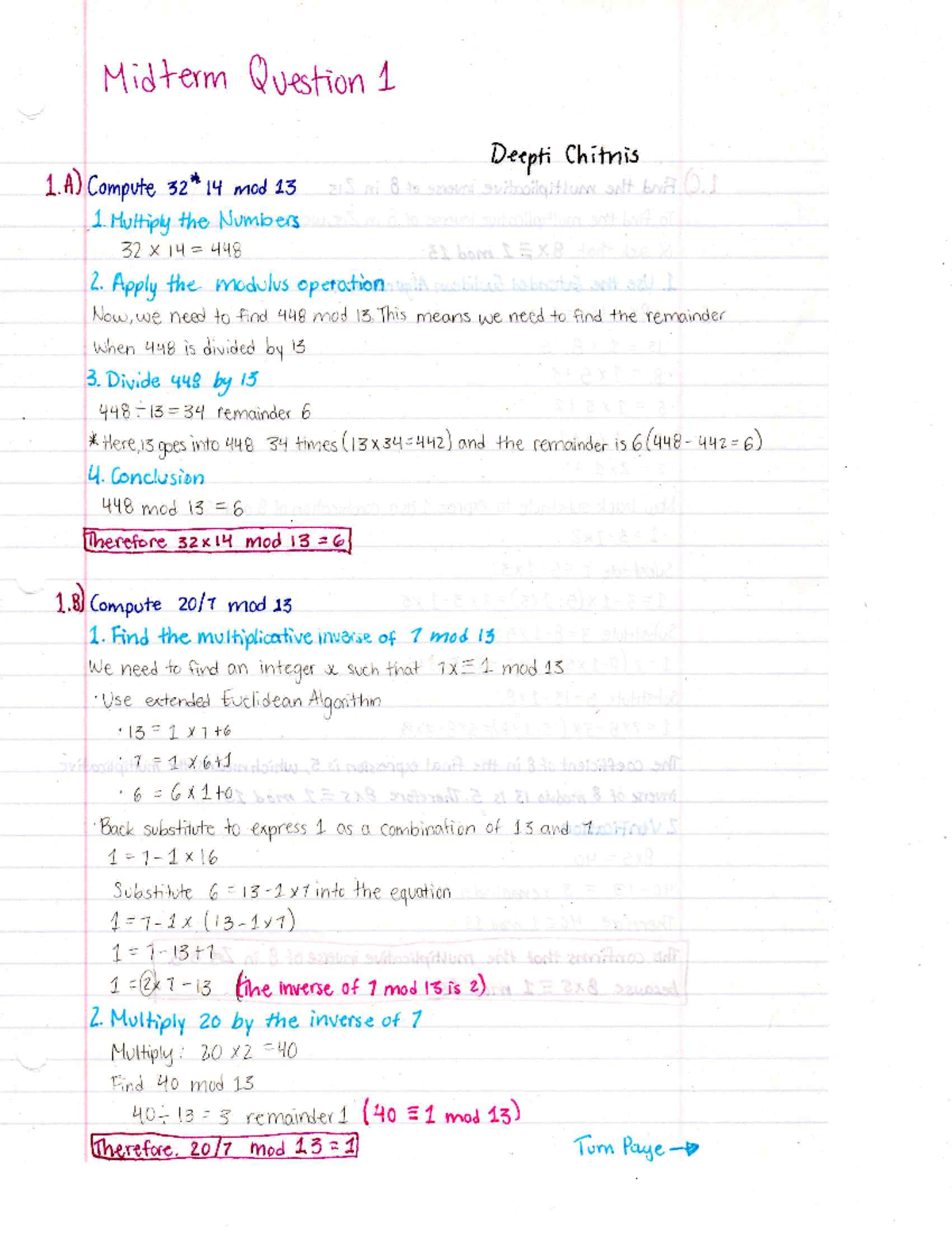 Midterm Question 1 - Apply the modulus operation Now, we need to find 448 mod 13. This means we ...