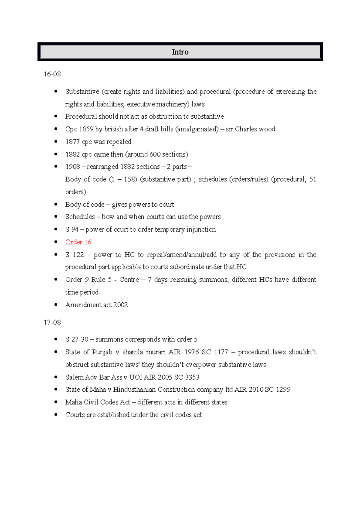 Cpc 1 - these are class notes - Intro 16- Substantive (create rights ...