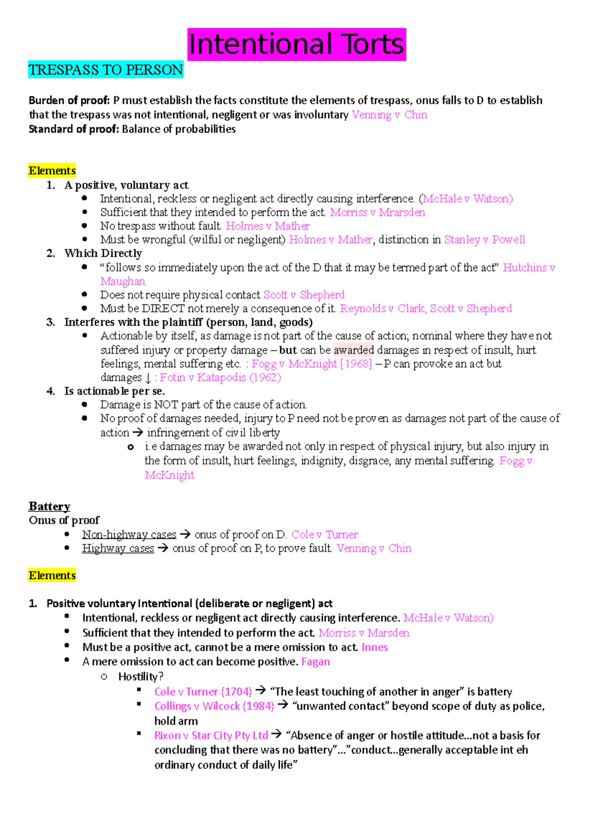 Torts structure - Intentional Torts TRESPASS TO PERSON Burden of proof ...