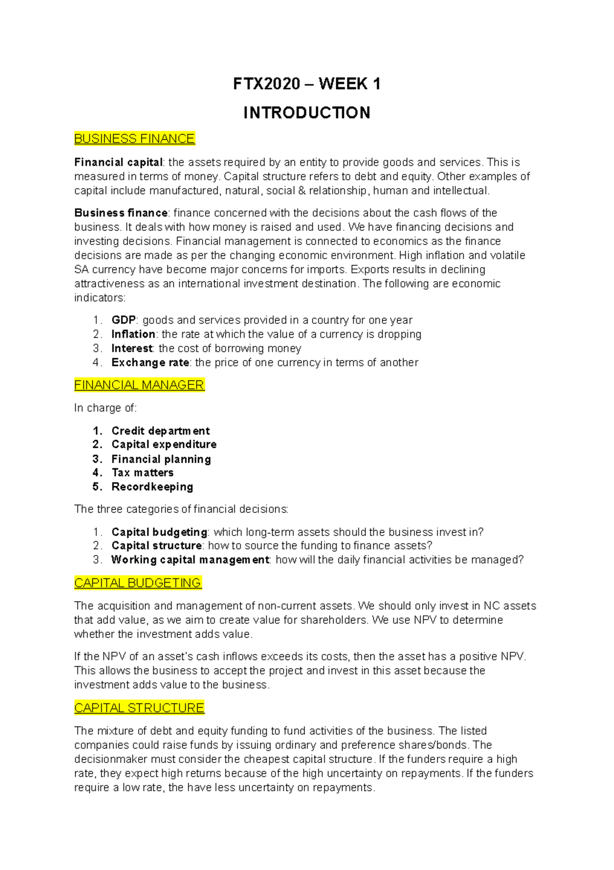 FTX2020 WEEK 1 Summary - FTX2020 – WEEK 1 INTRODUCTION BUSINESS FINANCE ...
