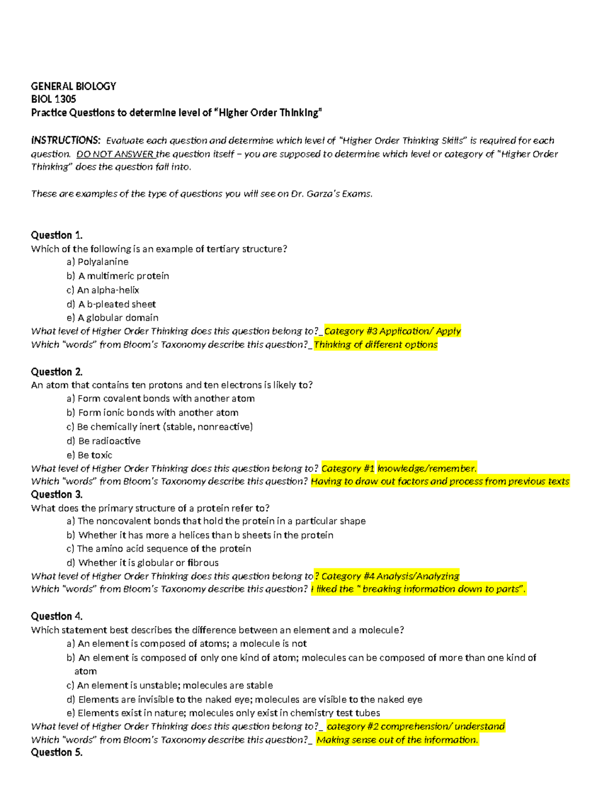 Homework Assignment 1 - GENERAL BIOLOGY BIOL 1305 Practice Questions to ...