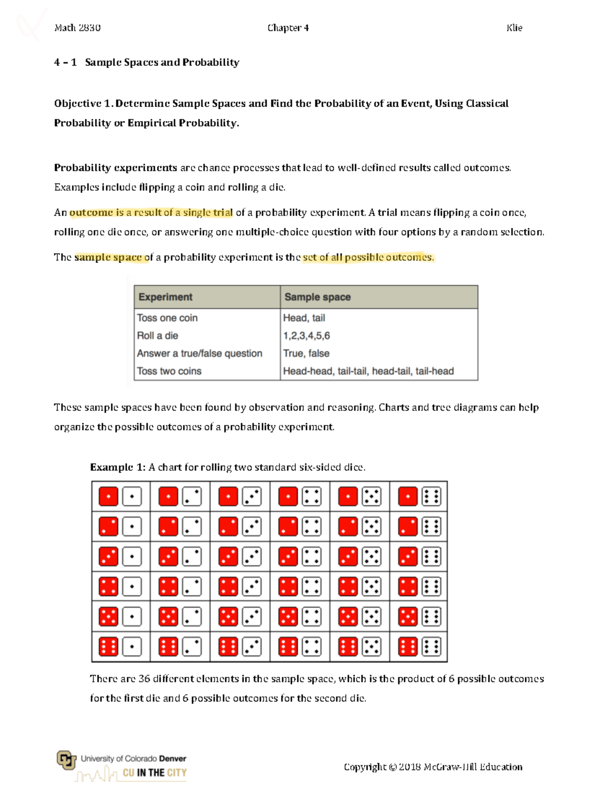 Chapter 4 notes - Professor Daniel Klie - 4 – 1 Sample Spaces and ...