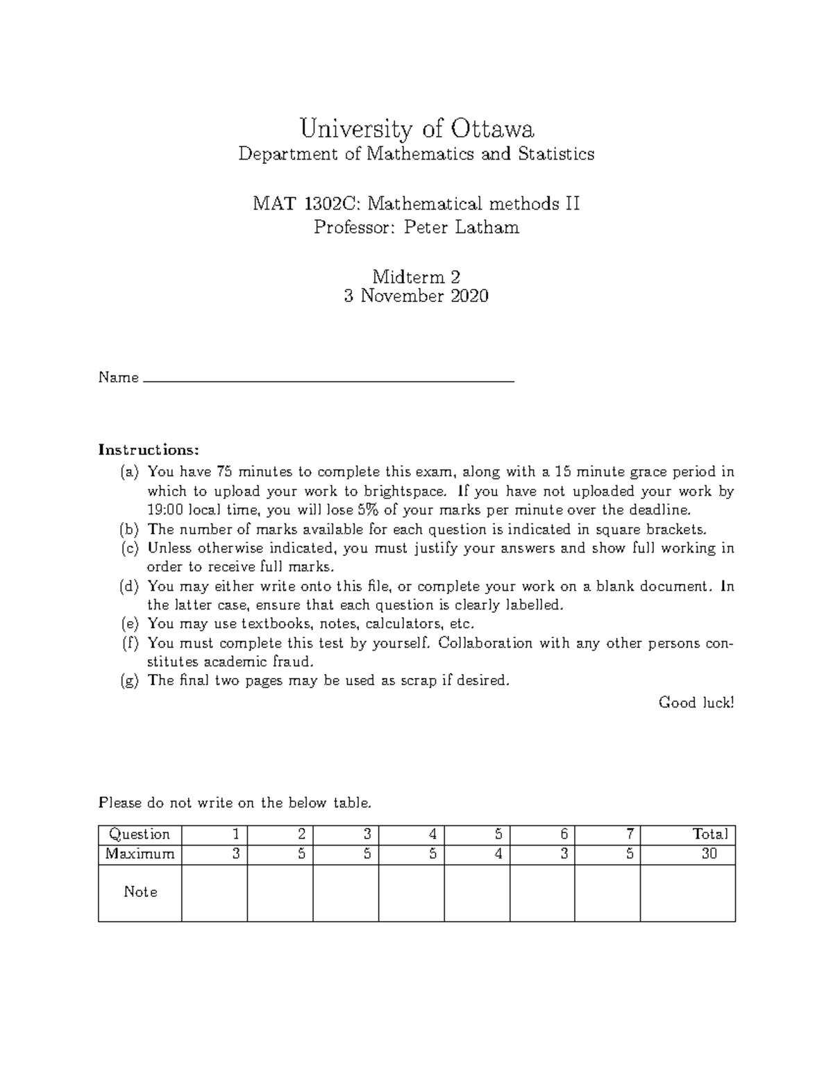 Mat1302 C Midterm 2 V6 University Of Ottawa Department Of Mathematics
