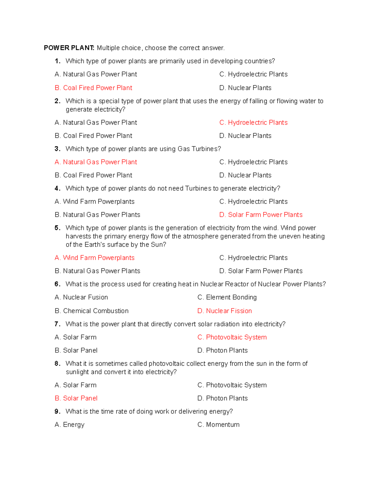 Assign 6 - Power Plant (multiple choice) - POWER PLANT: Multiple choice ...