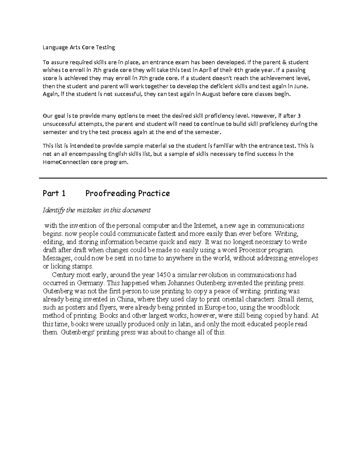 Entire Practice Test Grade 7b - Language Arts Core Testing To assure ...