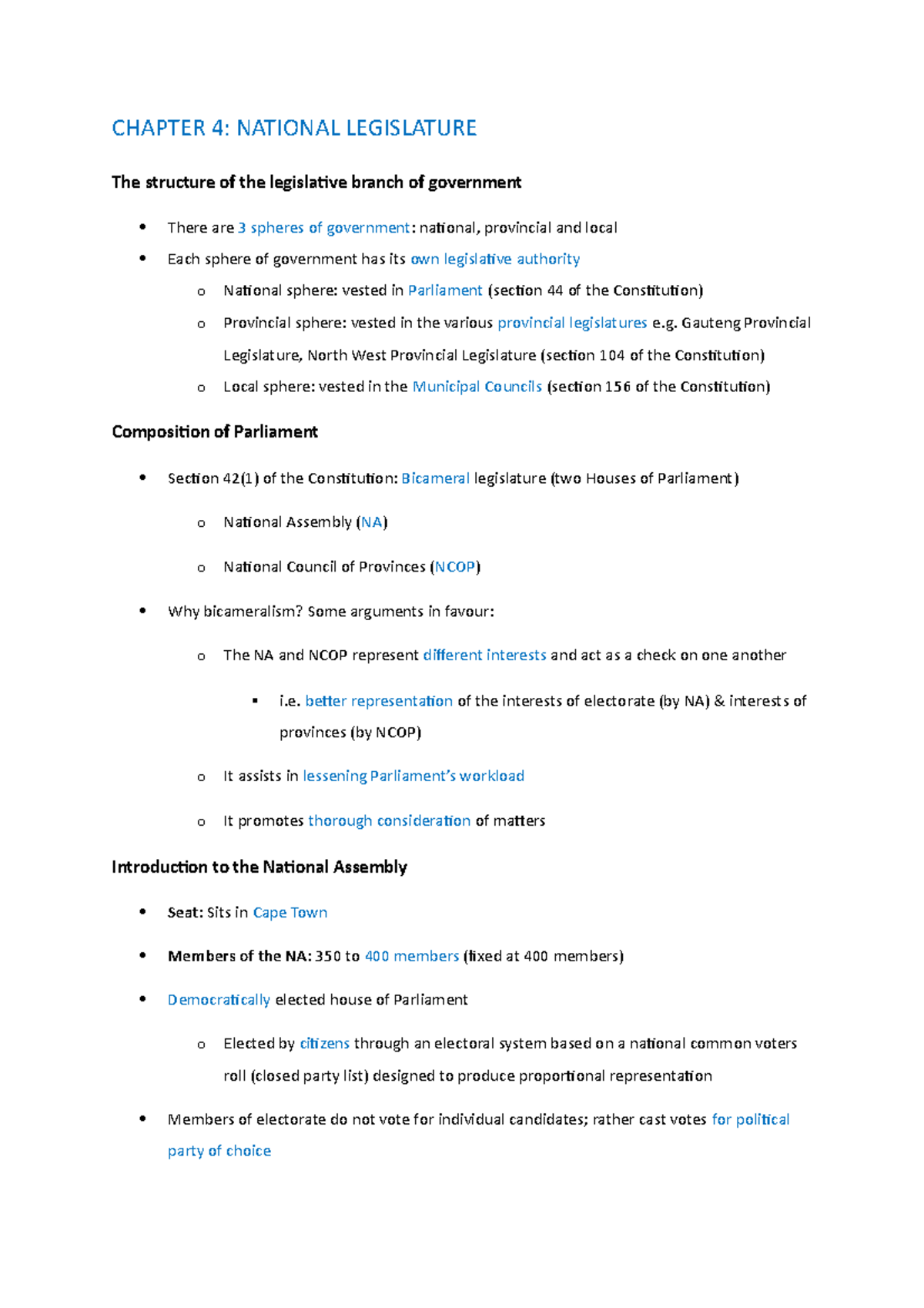 THE LEGISLATURE SUMMARY ch4 - CHAPTER 4: NATIONAL LEGISLATURE The ...