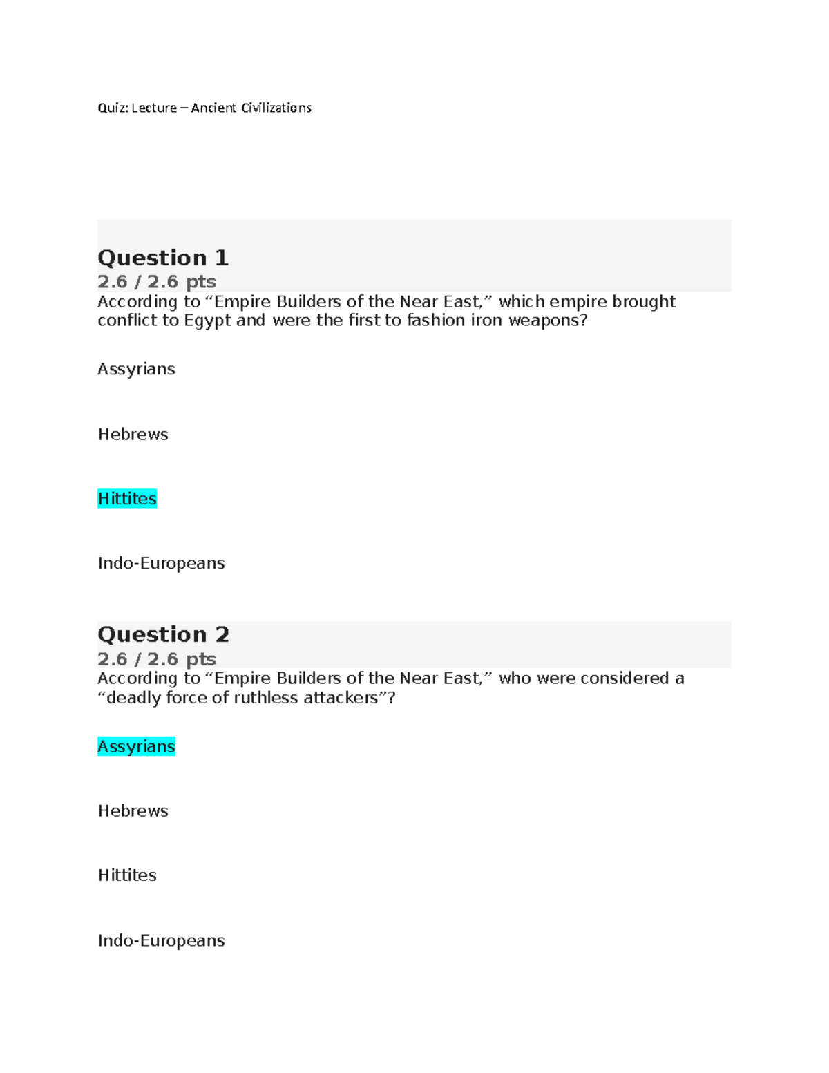 Quiz Lecture – Ancient Civilizations - Quiz: Lecture – Ancient ...