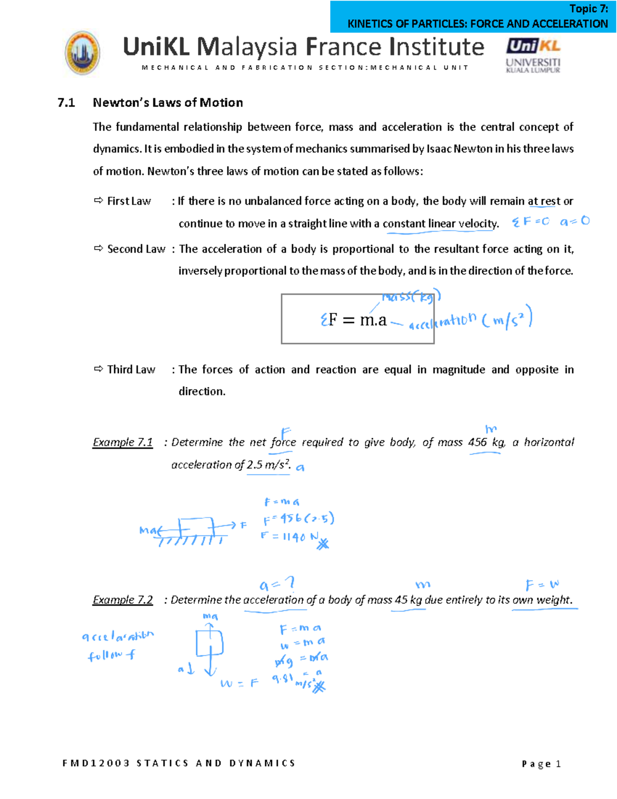 7 Kinetics of Particles - Force and Acceleration 221220 094229 - UniKL Malaysia France Institute ...