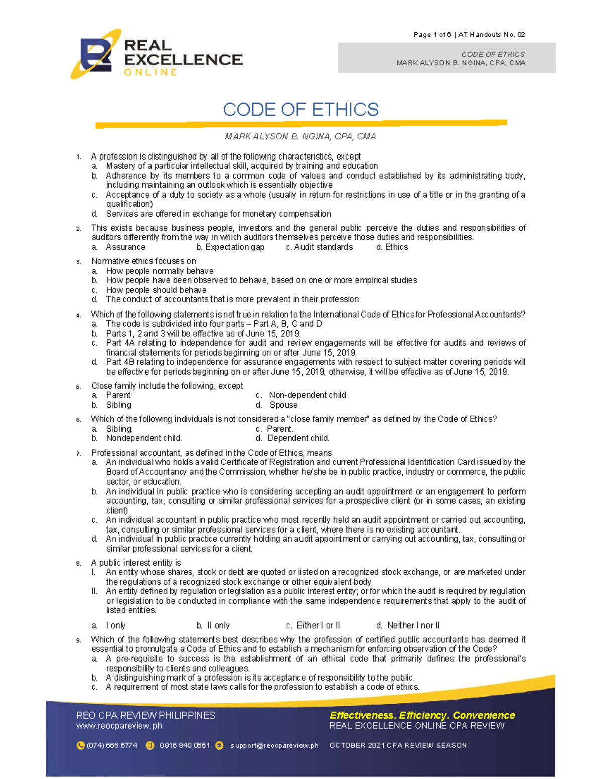 AT - Practice problems - CODE OF ETHICS MARK ALYSON B. NGINA, CPA, CMA ...