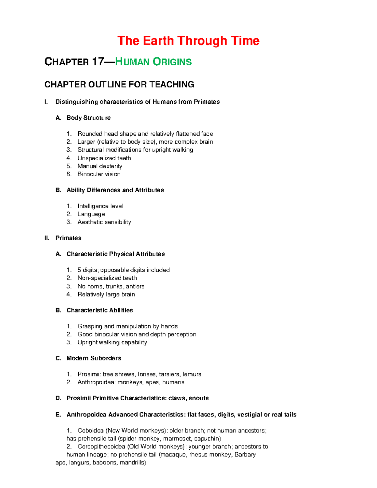 Ch17 Human Origins Notes - The Earth Through Time CHAPTER 17 —HUMAN ...