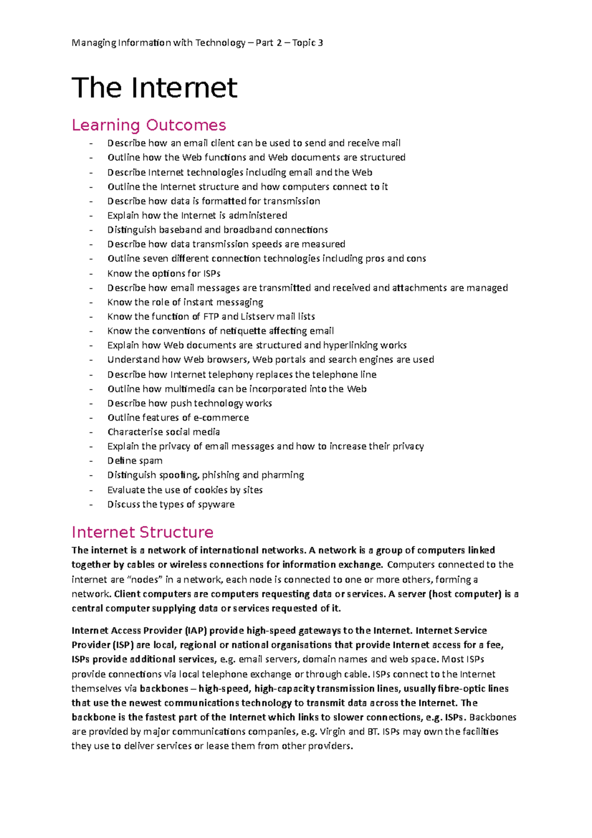 IT & Stats - Internet - Lecture notes Part 2 - Section 1/2 - Managing ...