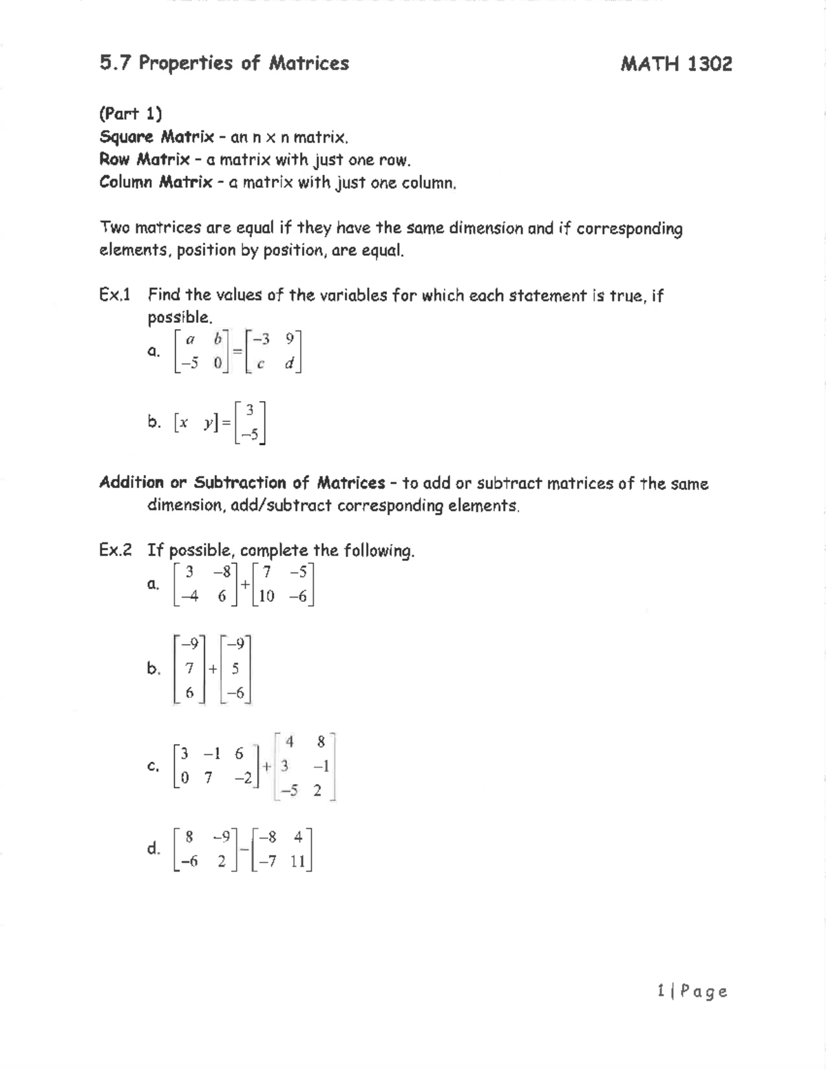 College Algebra Chapter 5.7 - 5 Properties of Matrices MATH 1302 (Part ...