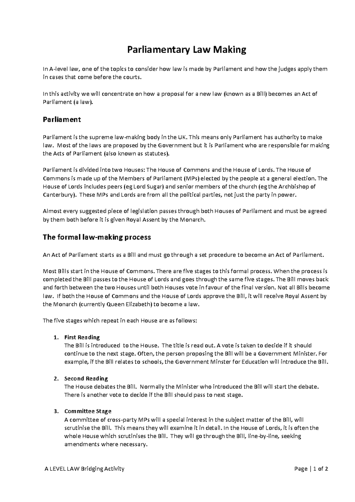 Law Parliamentary Law Making - A LEVEL LAW Bridging Activity Page | 1 ...
