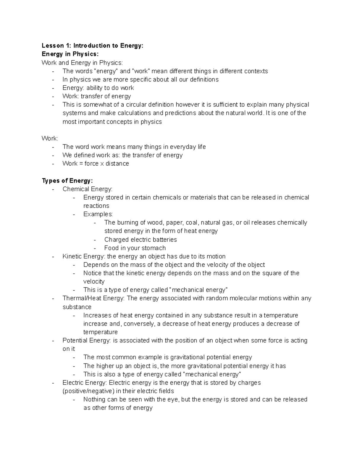 PHYS 273 Notes Lesson 1-4 - Lesson 1: Introduction to Energy: Energy in ...