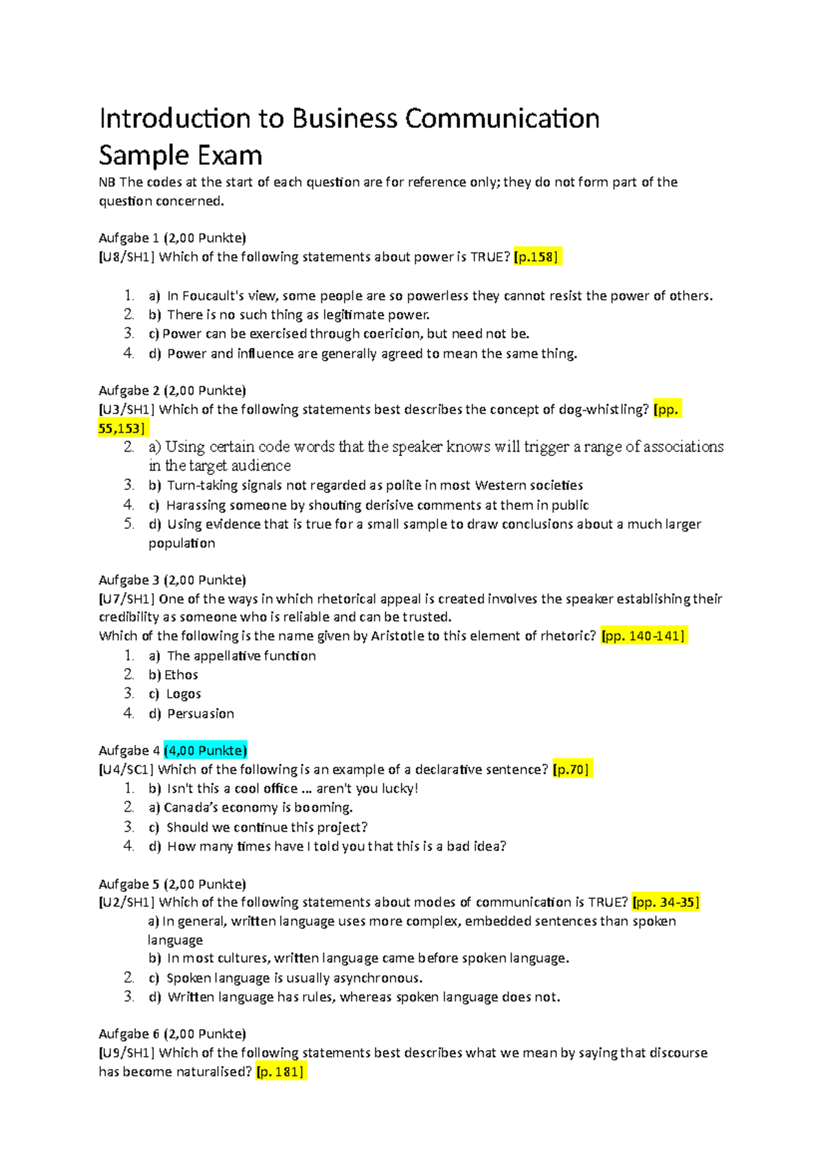 IBC Musterklausur - Introduction to Business Communication Sample Exam ...