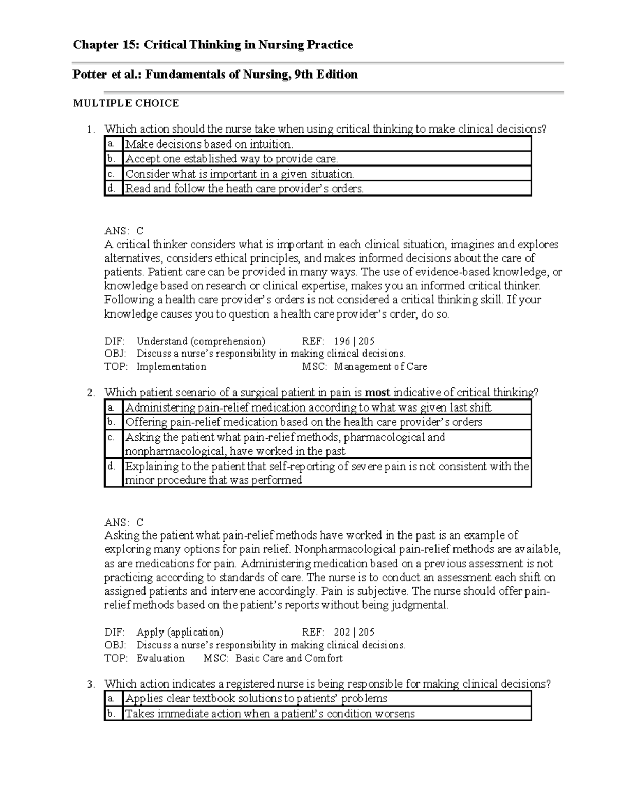 C15 - notes - Chapter 15: Critical Thinking in Nursing Practice Potter ...