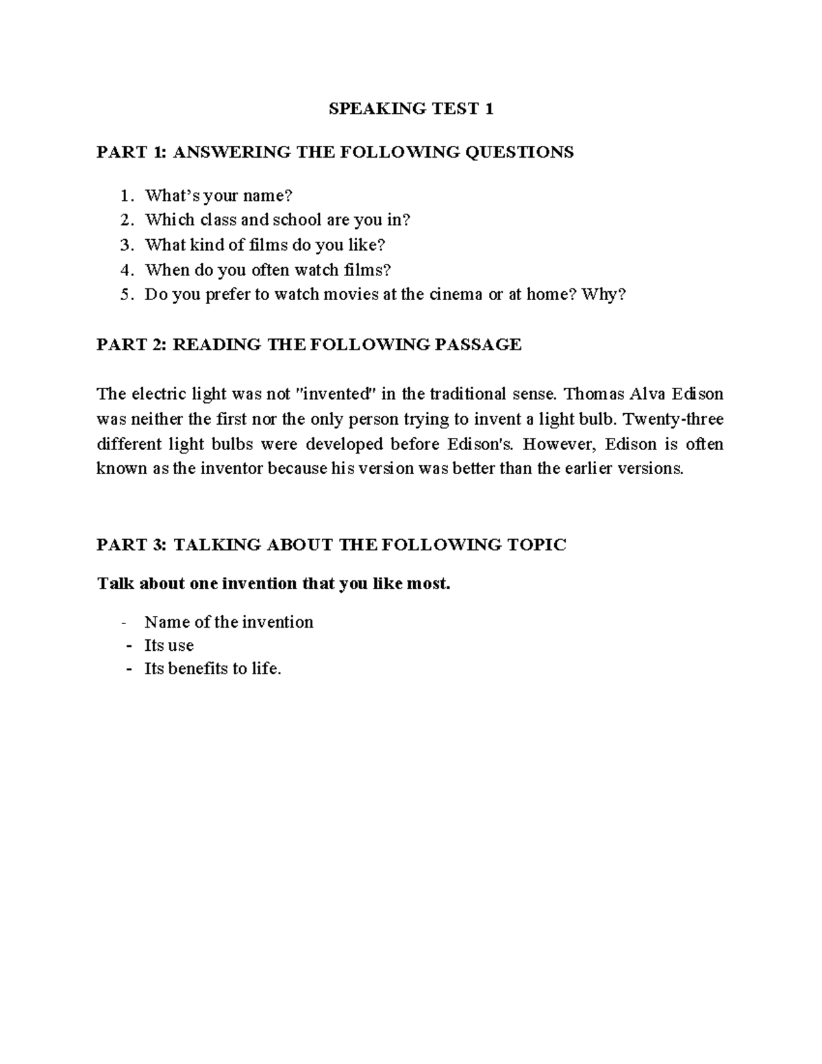 1.- Speaking-TEST-FOR- Level-3-1702 - PART 1: ANSWERING THE FOLLOWING ...