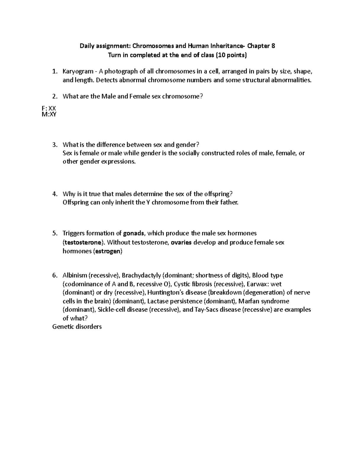 Chapter 8 Worksheet - Bio notes - Daily assignment: Chromosomes and ...