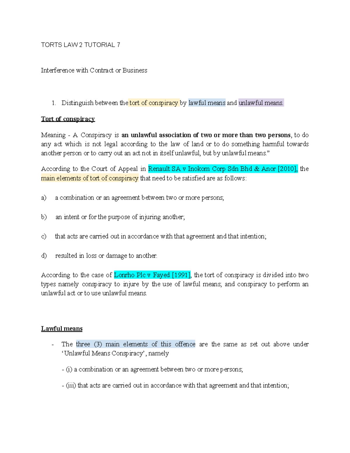 Torts LAW 2 Tutorial 7 - Interference with Contract or Business - TORTS LAW 2 TUTORIAL 7 - Studocu