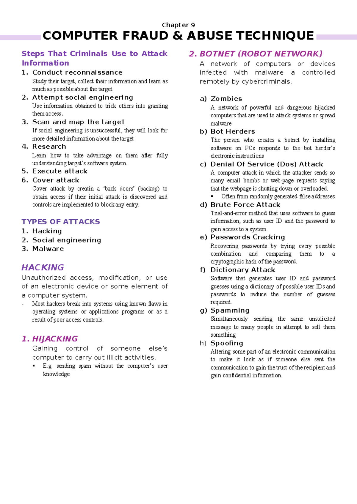 Chapter 9 - Chapter 9 COMPUTER FRAUD & ABUSE TECHNIQUE Steps That Criminals Use to Attack - Studocu