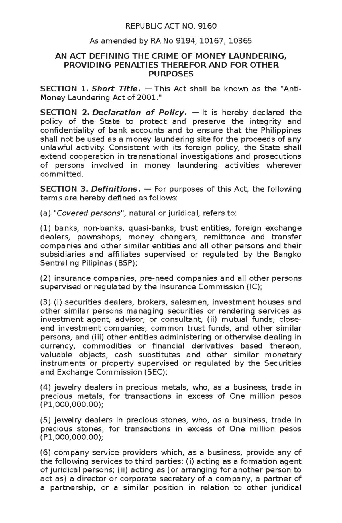 Money Laundering Act - case digest - REPUBLIC ACT NO. 9160 As amended ...